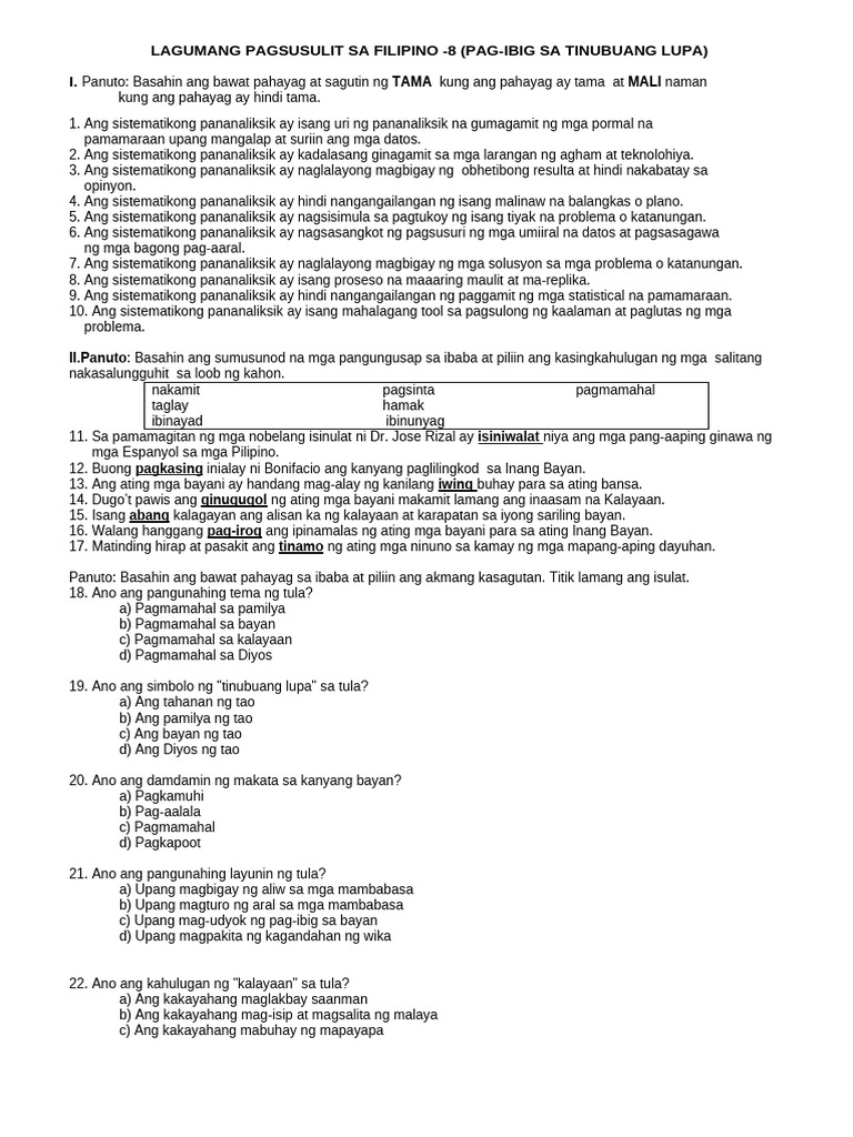 Lagumang Pagsusulit Sa Filipino 8 | PDF