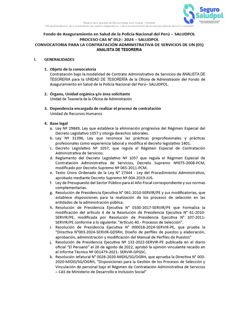 Bases - Proceso Cas ND 052n 2024 N Saludpol 1pdf - 493 | PDF