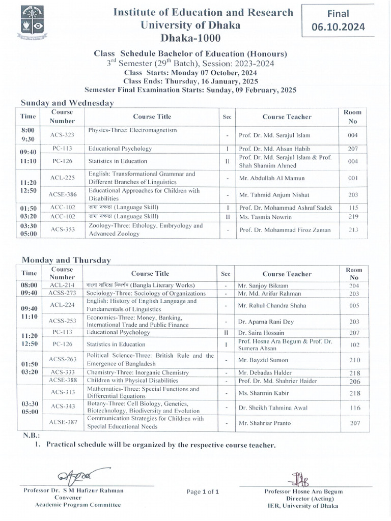 Final Class Schedule For 29th Batch 3rd Semester | PDF