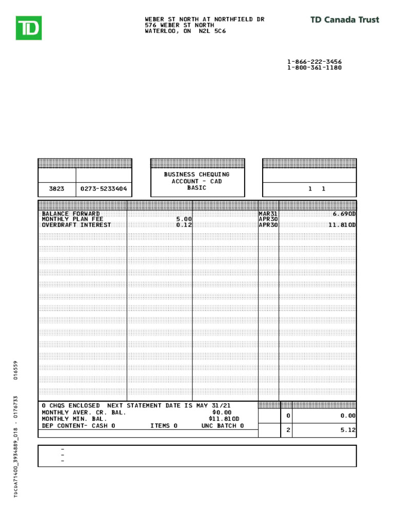 TD BASIC BUSINESS PLAN 3823-5233404 Mar 31-Apr 30 2021 | PDF | Debits ...