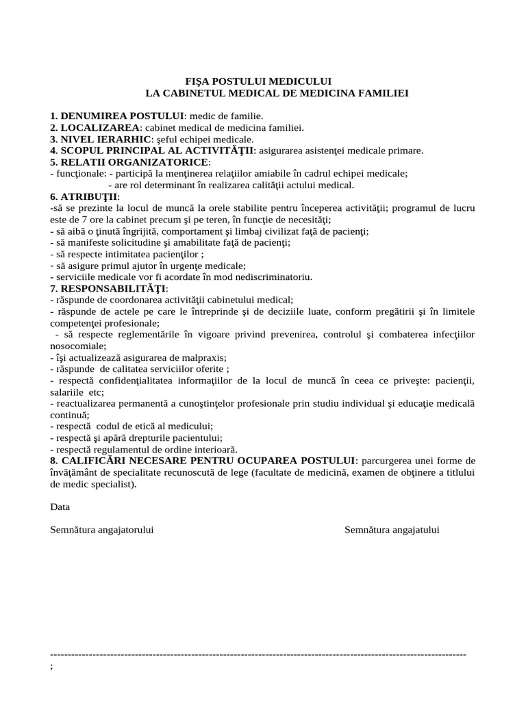 Fisa Postului Medic | PDF