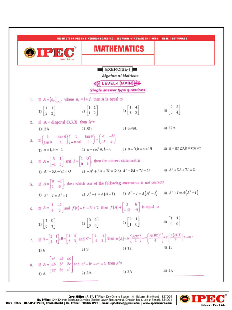 Matrices and Determinants - DPP-3 | PDF