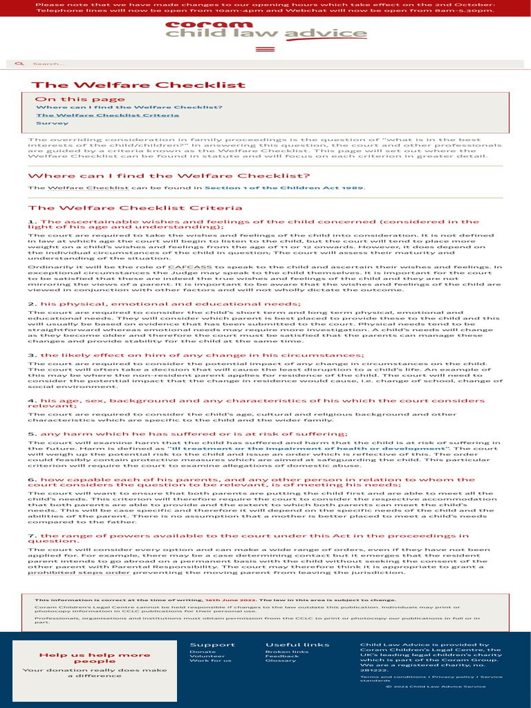 The Welfare Checklist - Childlawadvice - Org.uk | PDF