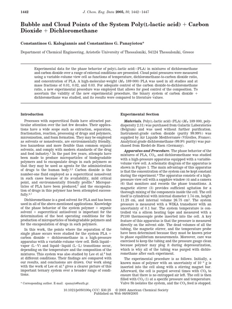 2005 - PAPER Bubble and Cloud Points of The System PLA and CO2 and CH2CL2 | PDF