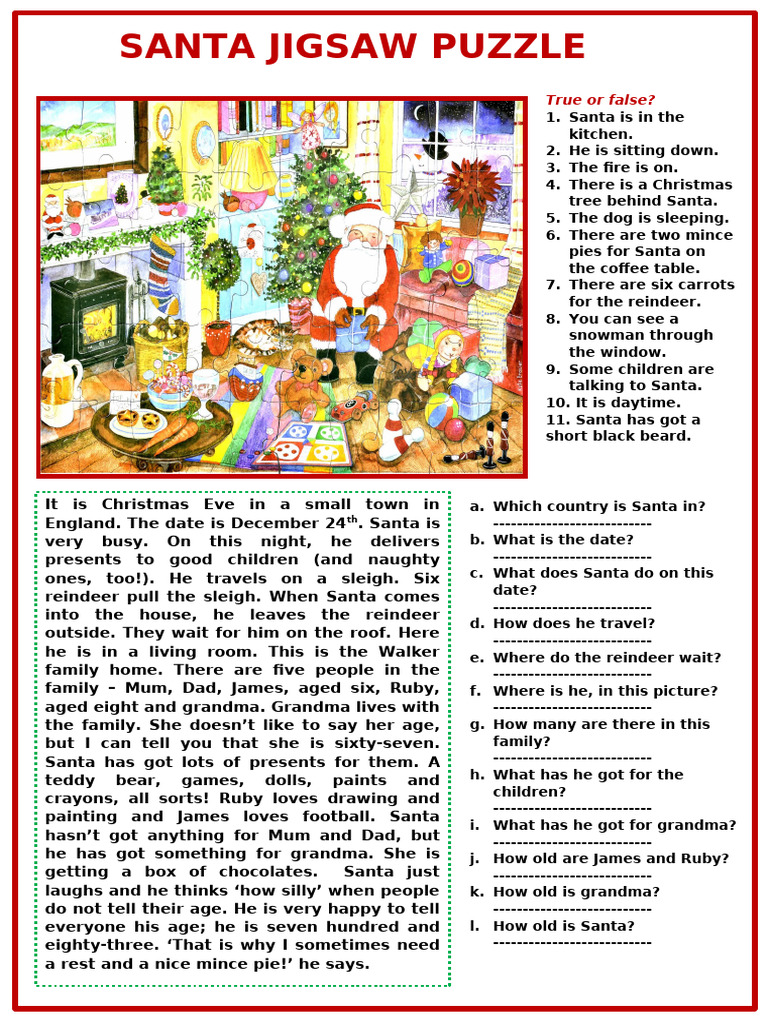Santa Jigsaw Worksheet Reading Comprehension Exercises - 139560 | PDF
