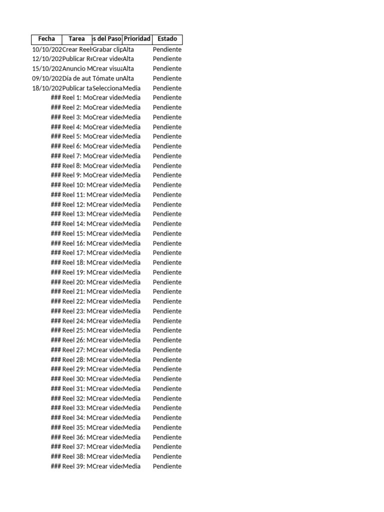 Calendario Tareas 60 Reels Marketing Tatuajes | PDF