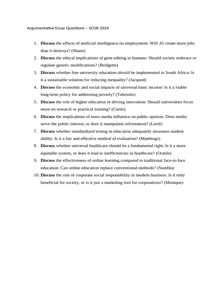 Argumentative Essay Question Topics SCOR 2024 | PDF