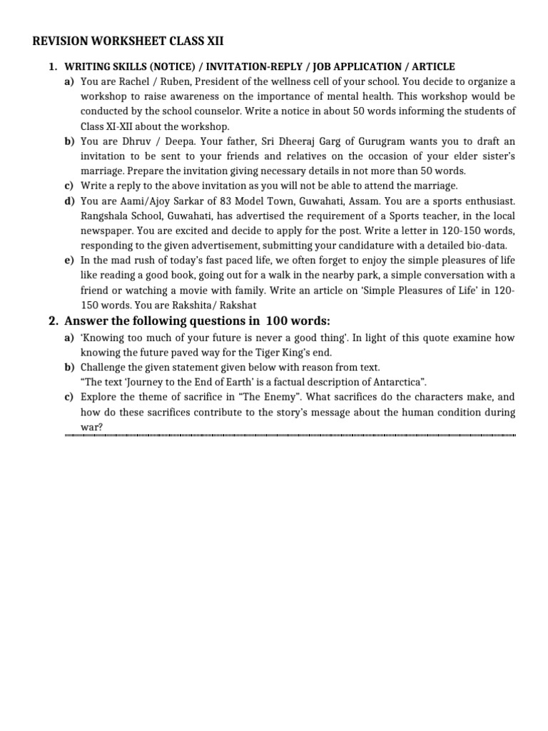 Revision Worksheet Class Xii | PDF