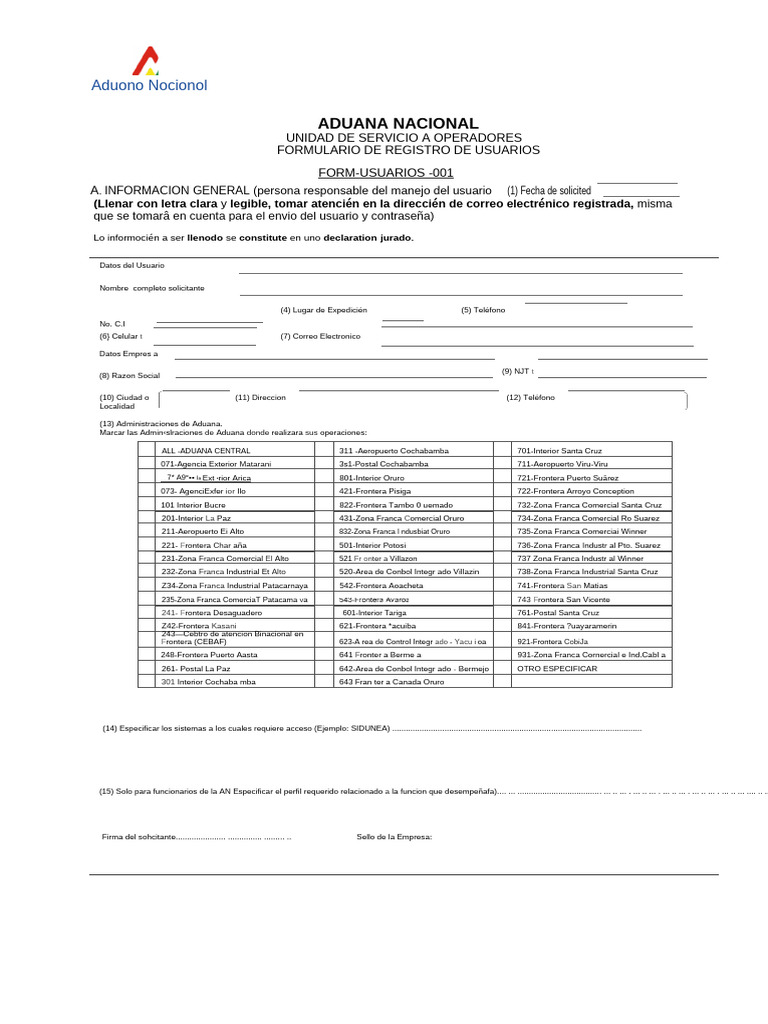 Formulario SIDUNEA 2016 ULTIMA VERSION | PDF | Contraseña ...