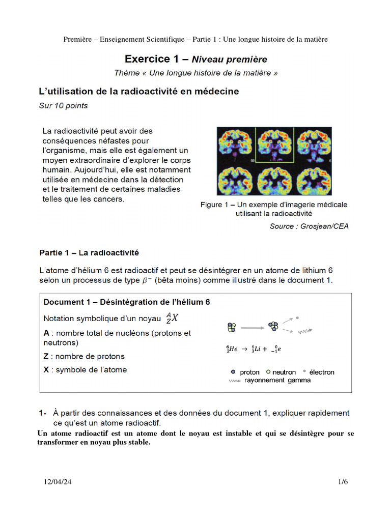 Sujet Correction - Utilisation de La Radioactivité en Médecine | PDF
