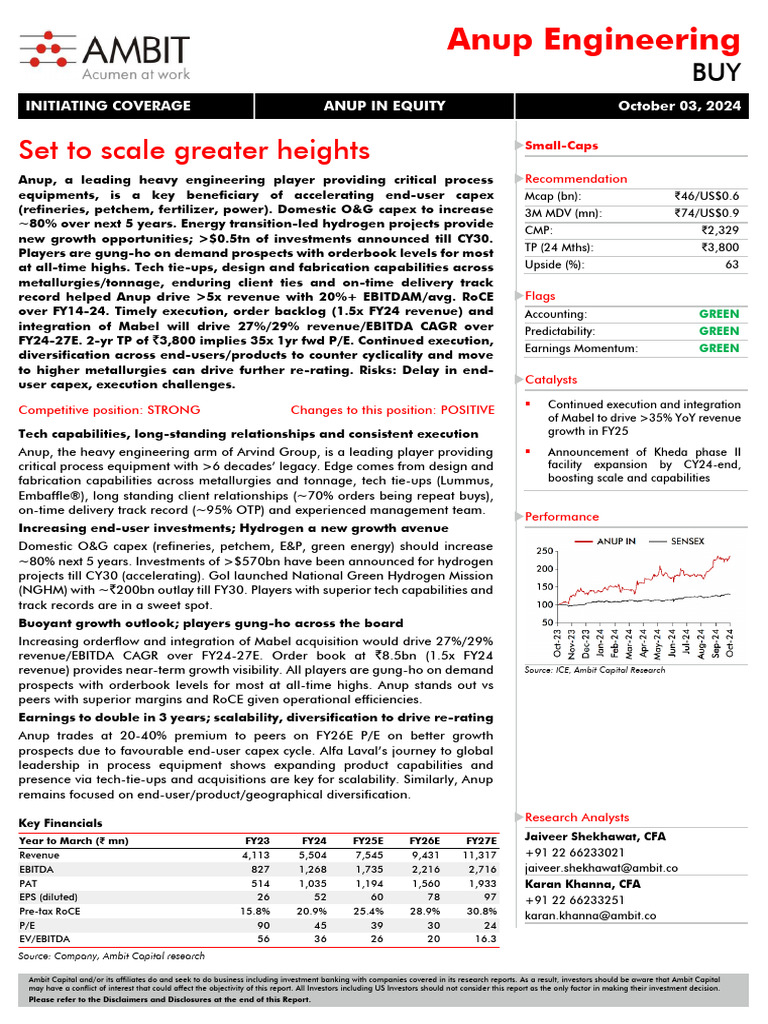Ambit Initiating Coverage On Anup Engineering, With 63% UPSIDE Set | PDF