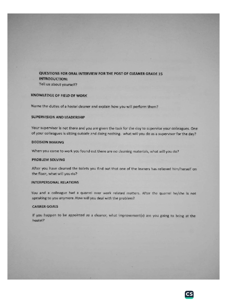 Cleaner Interview | PDF