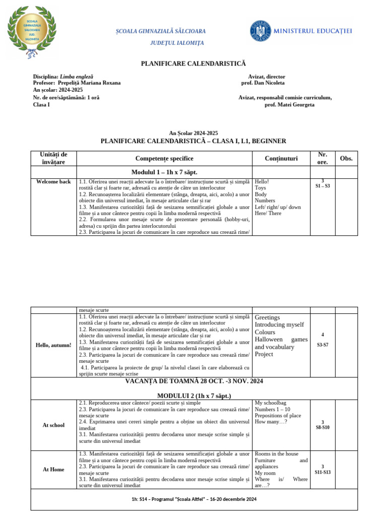 Planificare 1 English For Kids 2024 | PDF