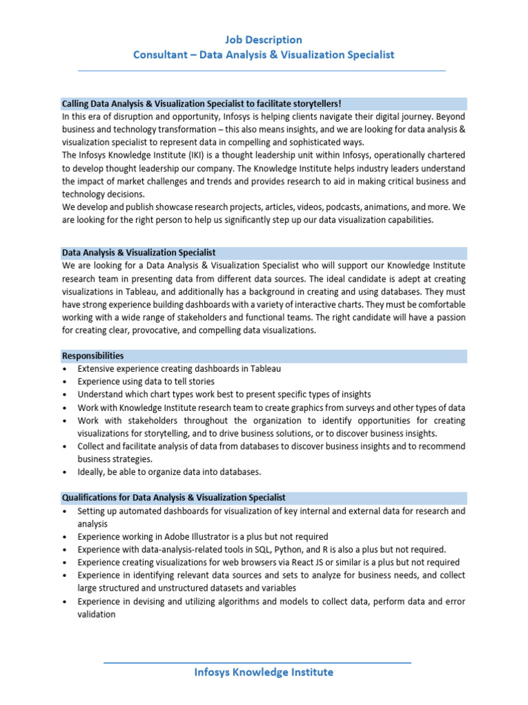 JD - Consultant - Data Analysis & Visualization Specialist | PDF | Data Analysis | Data