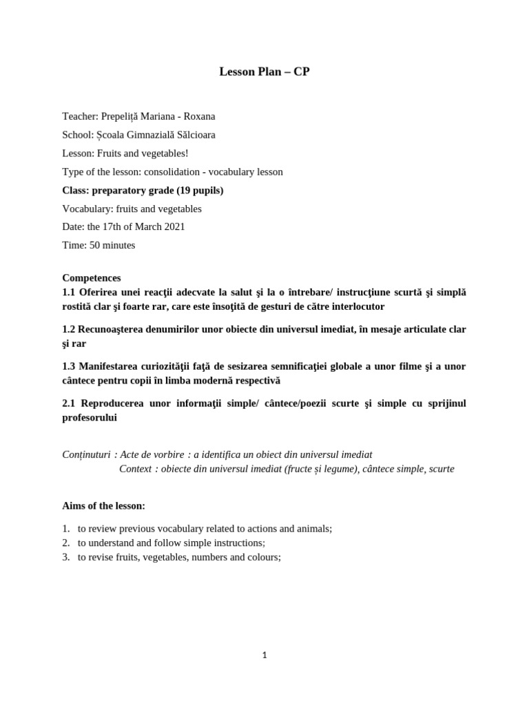 Lesson Plan Clasa Pregatitoare | PDF