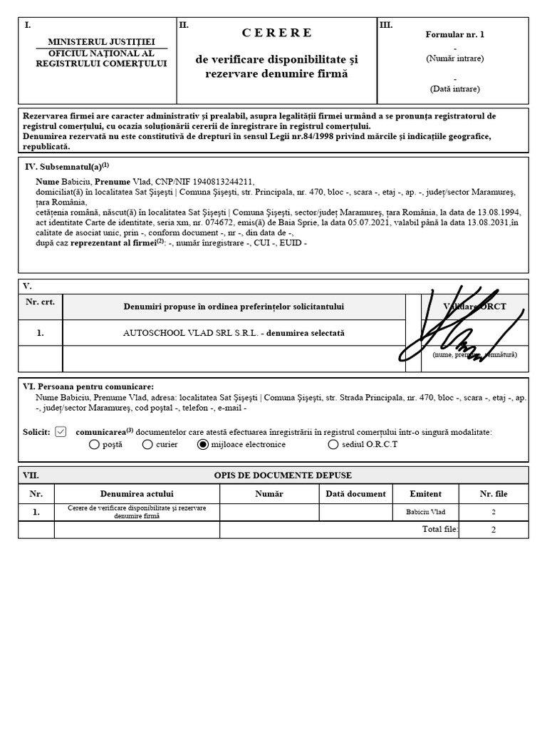 Cerere de Verificare Disponibilitate Şi Rezervare Denumire Firmă | PDF