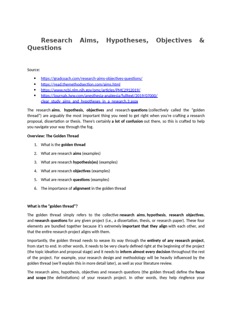 Week 2 - Handout - Research Aims, Hypothesis, Objectives & Questions | PDF