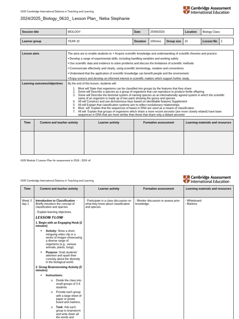 0610 - Biology - Lesson Plan | PDF