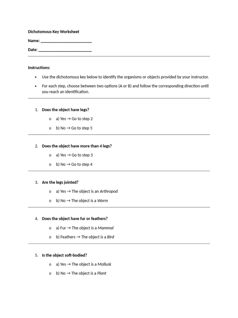 Dichotomous Key Worksheet | PDF