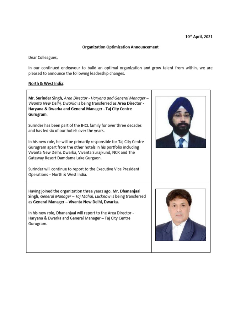 Organizational Optimization Announcement | PDF