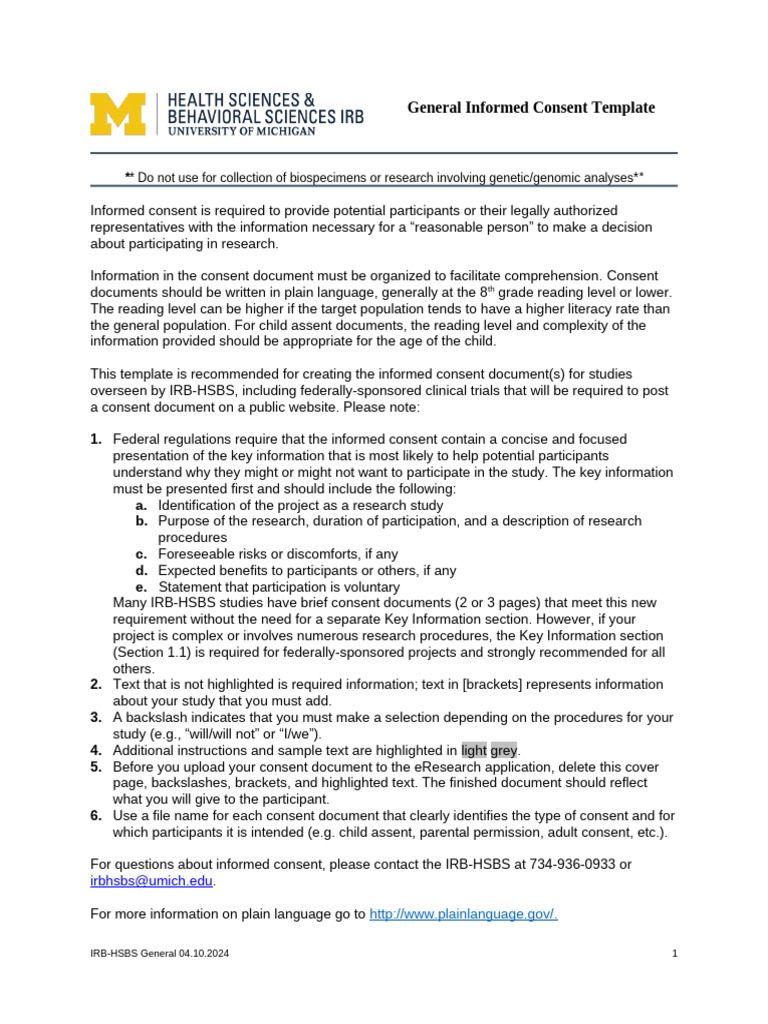 Irb-Hsbs General Consent Template 2024 | PDF