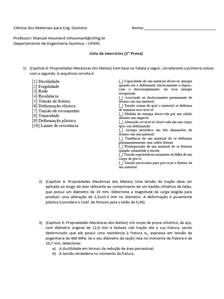 Lista de Exercã - Cios (2Â° Prova) | PDF