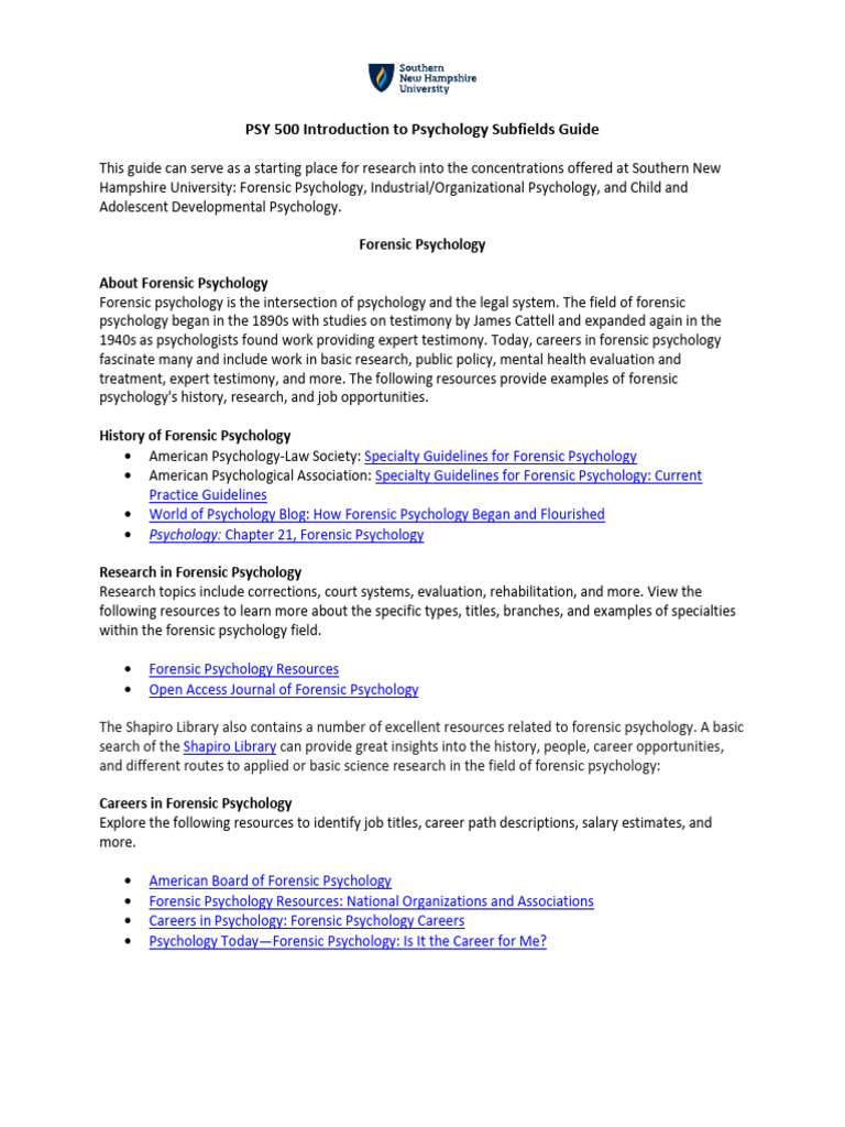 PSY 500 Introduction To Psychology Subfields Guide | PDF