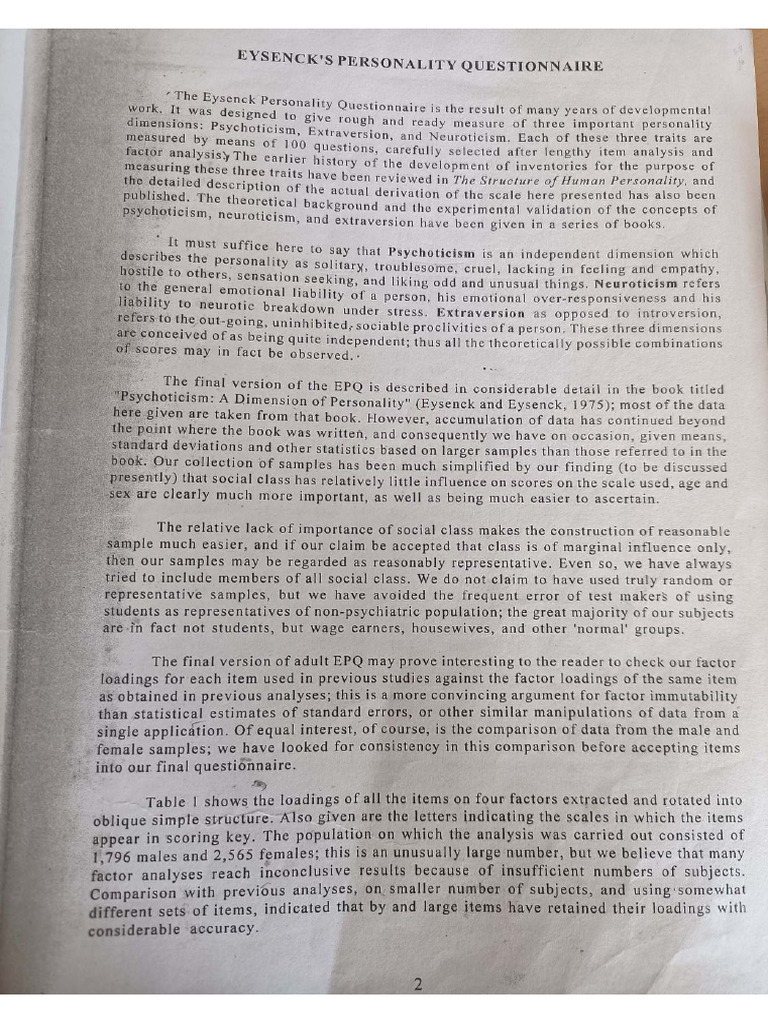 Eysenck Personality Test | PDF