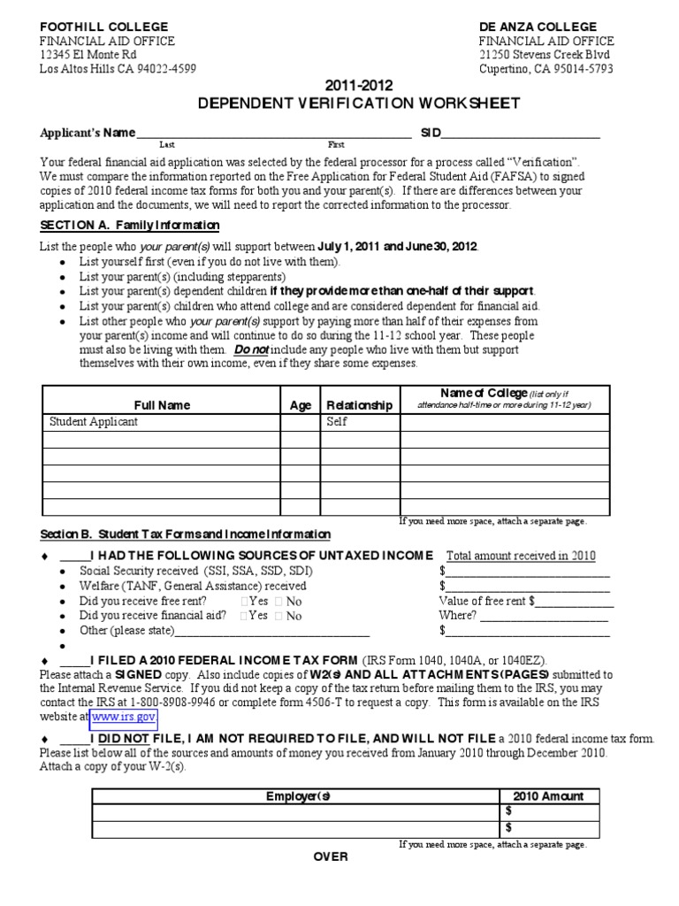 1112 Dependent Verification Worksheet-1 | PDF | Irs Tax Forms ...