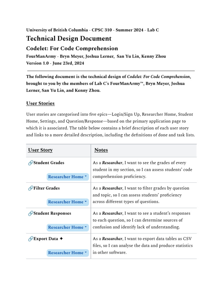 CPSC 310 Summer 2024 Assignment 3 User Stories and Project Design | PDF