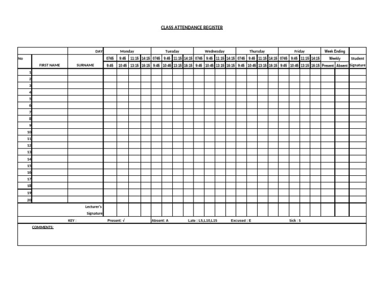 Class Attendance Register Template 2 | PDF