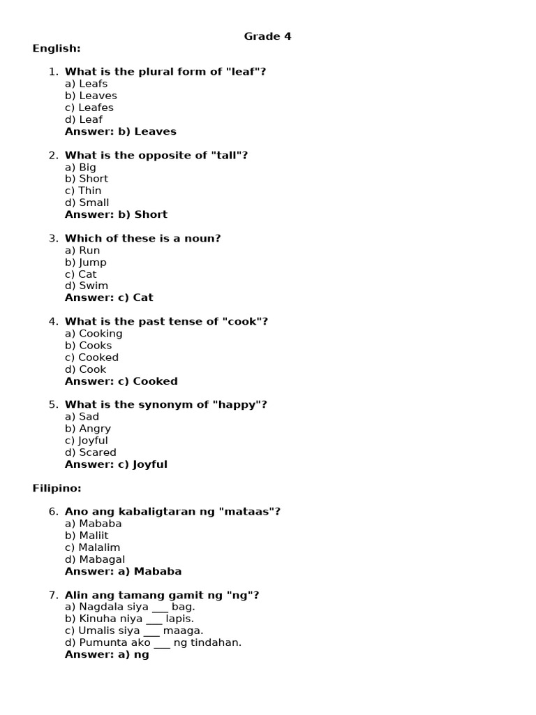 English-Filipino Quiz Bee-Multiple Choice | PDF