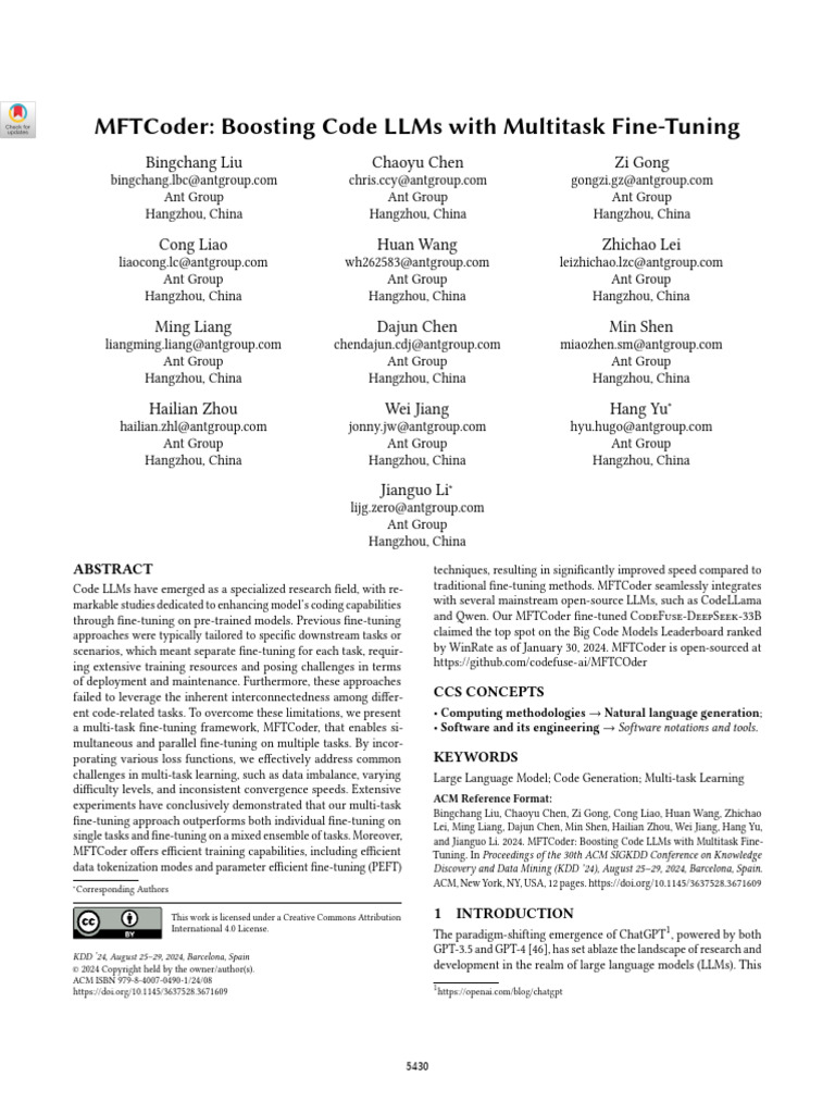 Mftcoder: Boosting Code Llms With Multitask Fine-Tuning: Bingchang Liu Chaoyu Chen Zi Gong | PDF
