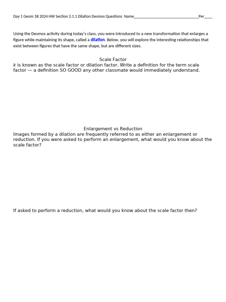 HW Geom 1B Day 1 Section 3 1 1 Dilation Desmos 1 1 ff PDF