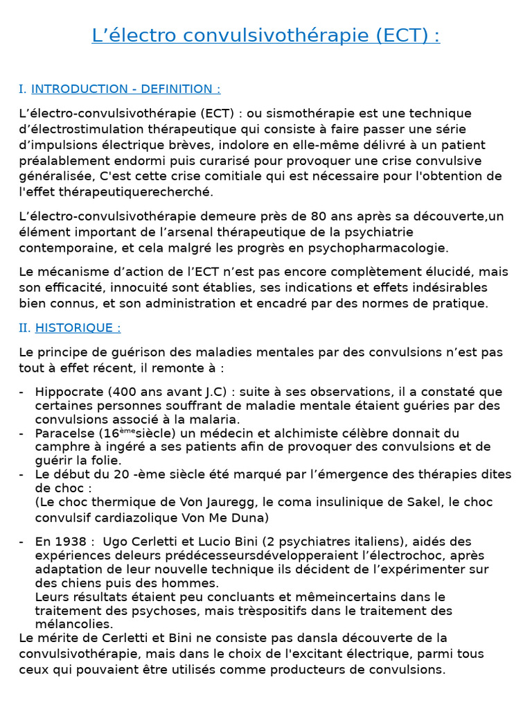 L'électro Convulsivothérapie (ECT) :: - Introduction - Definition | PDF