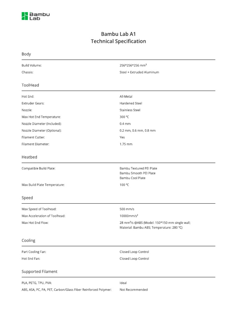 A1_Spec_EN_1 Bambulab | PDF