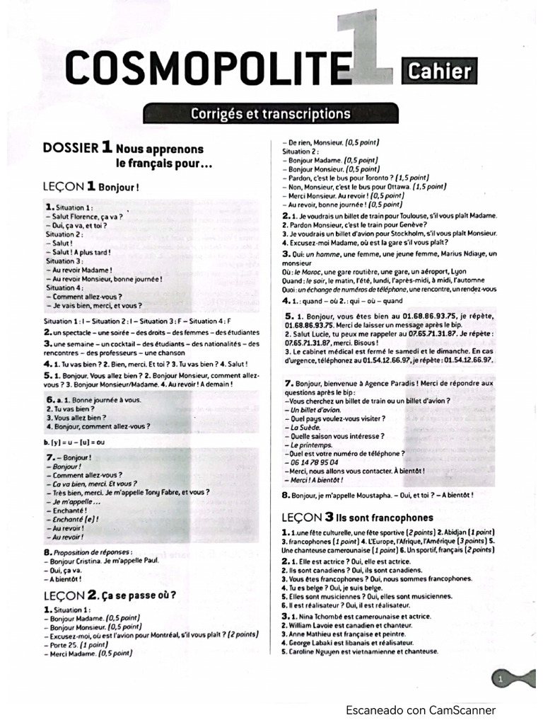 Cosmopolite 1 A1 Cahier Corriges Et Transcrptions | PDF