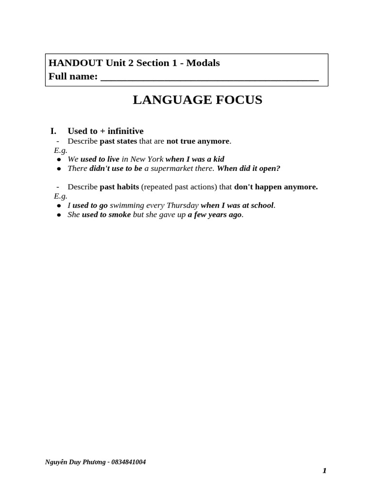 HANDOUT 3 - LANGUAGE FOCUS Used To | PDF