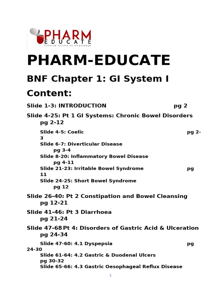 PHARMEDUCATE BNF 1 - Ch1 - GI System I | PDF