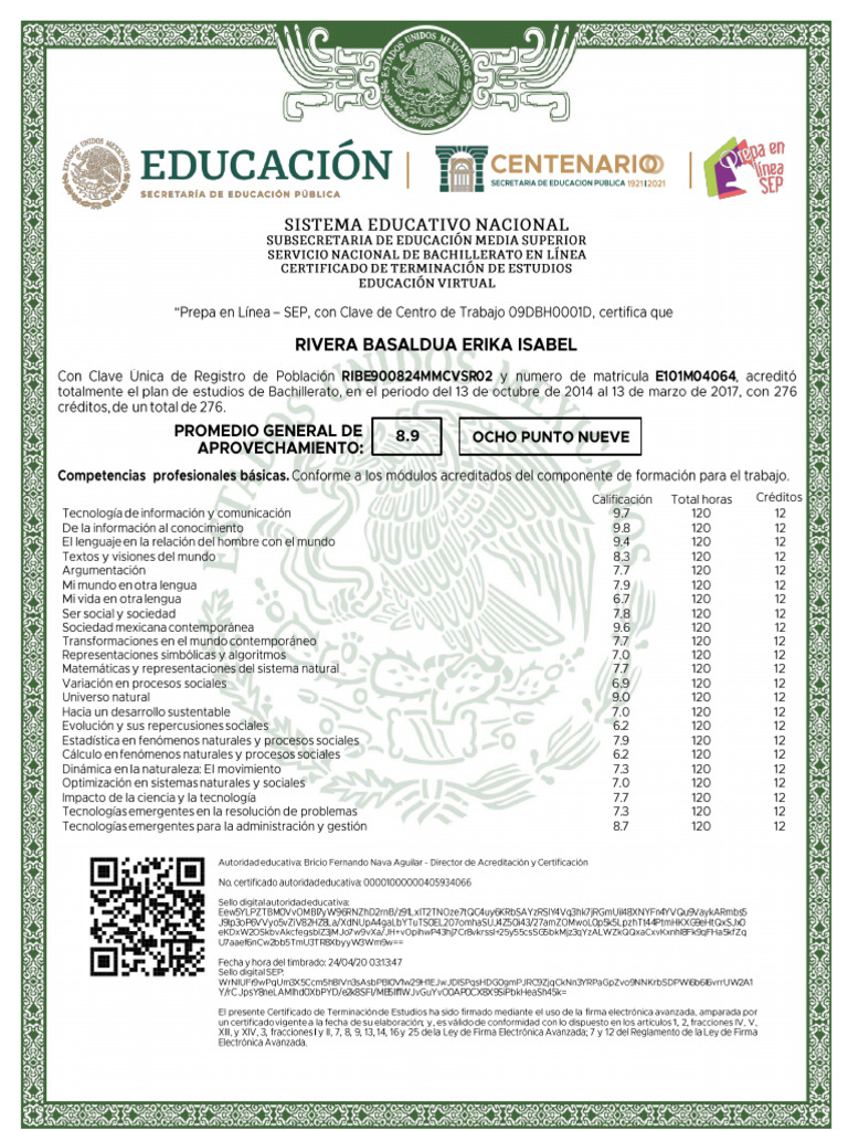 Certificado Prepa en Linea Sep | PDF
