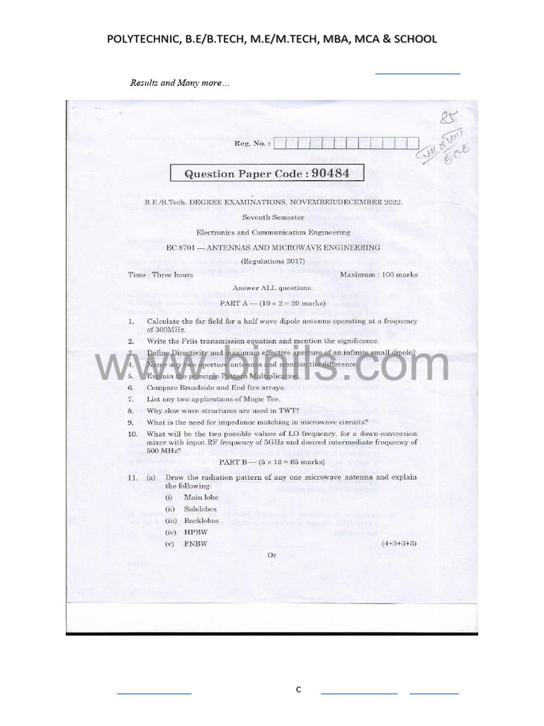 EC 8701 Antennas and Microwave Engineering Old Question Paper | PDF