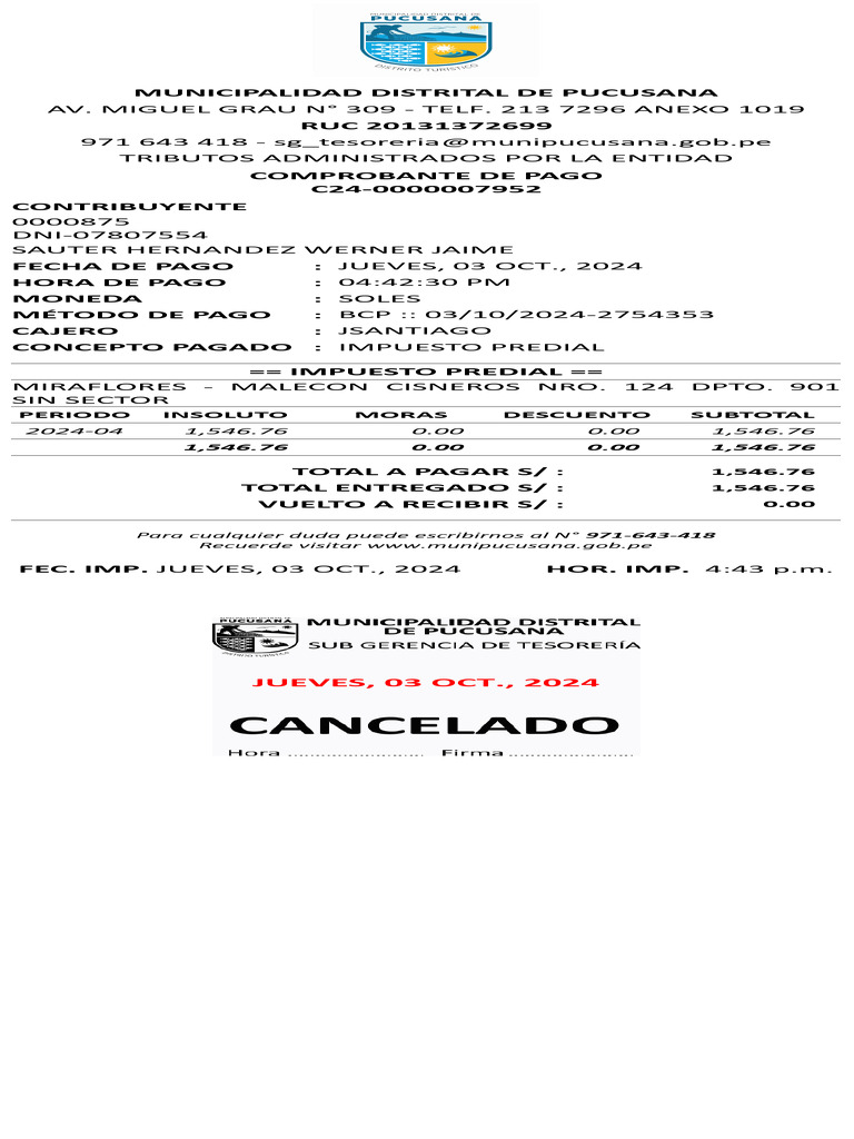 JUEVES, 03 OCT., 2024: Periodo Insoluto Moras Descuento Subtotal | PDF