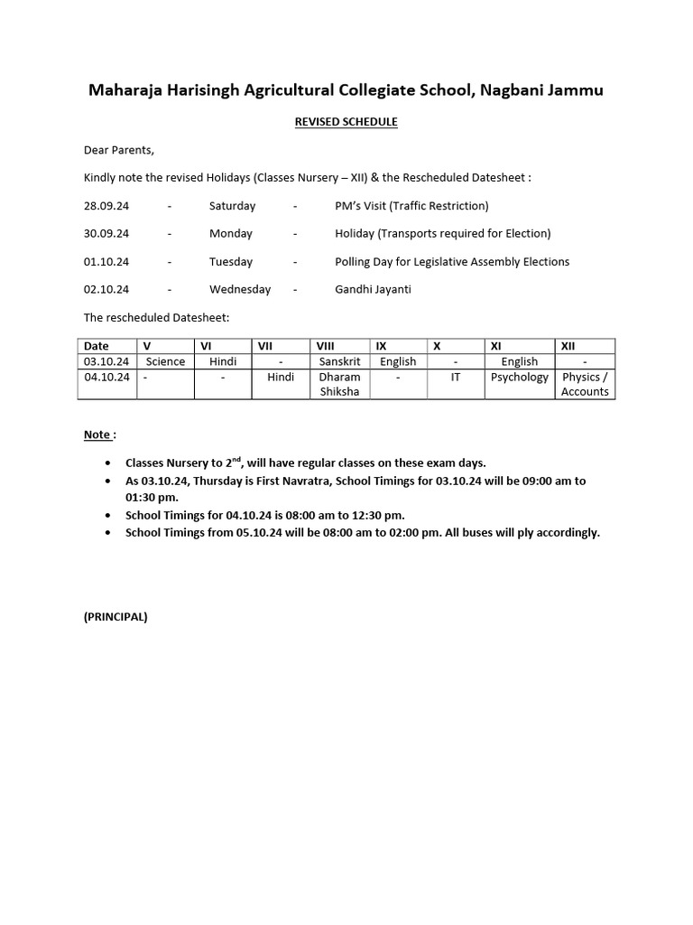 Revised Schedule for Holday and Transport | PDF