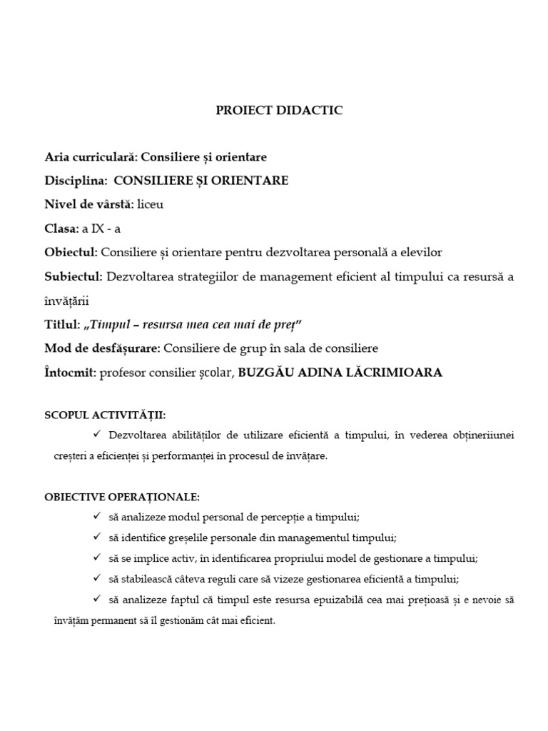 Proiect de Lectie Managementul Timpului Consiliere Liceu Buzgau Adina Cjrae SJ | PDF