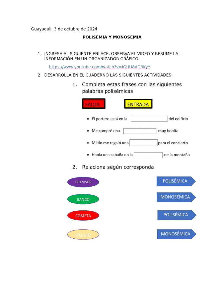 Monosemia y Polisemia: Actividades | PDF