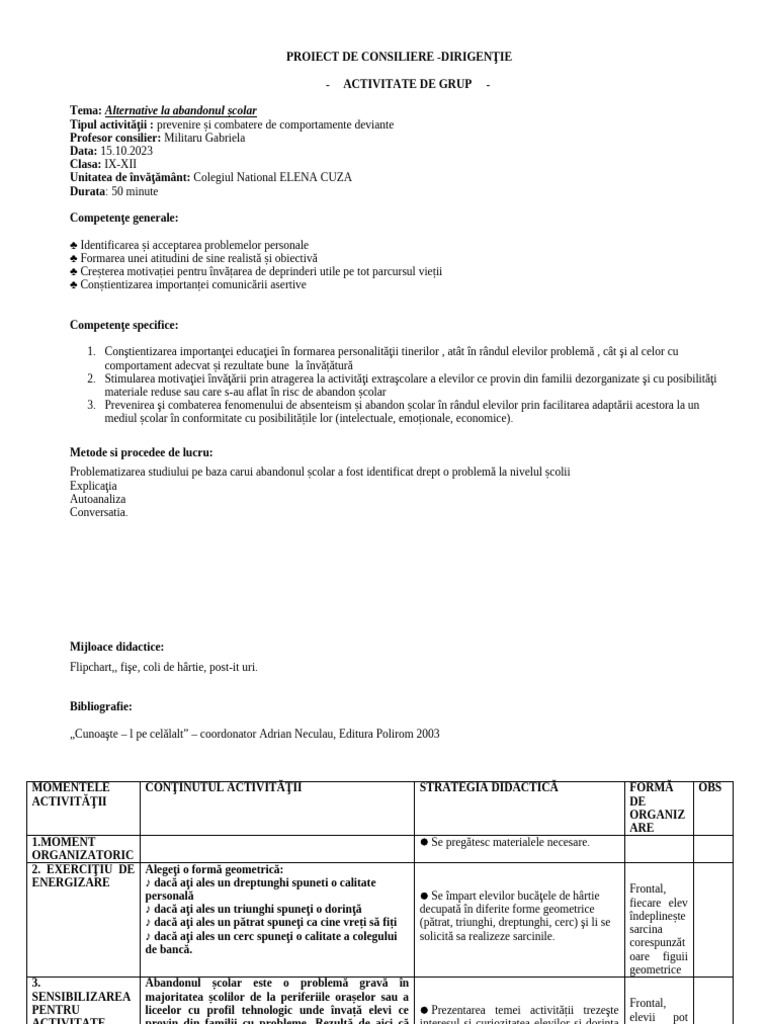 Lectie 1 Proiect Lectie Abandon Scolar | PDF