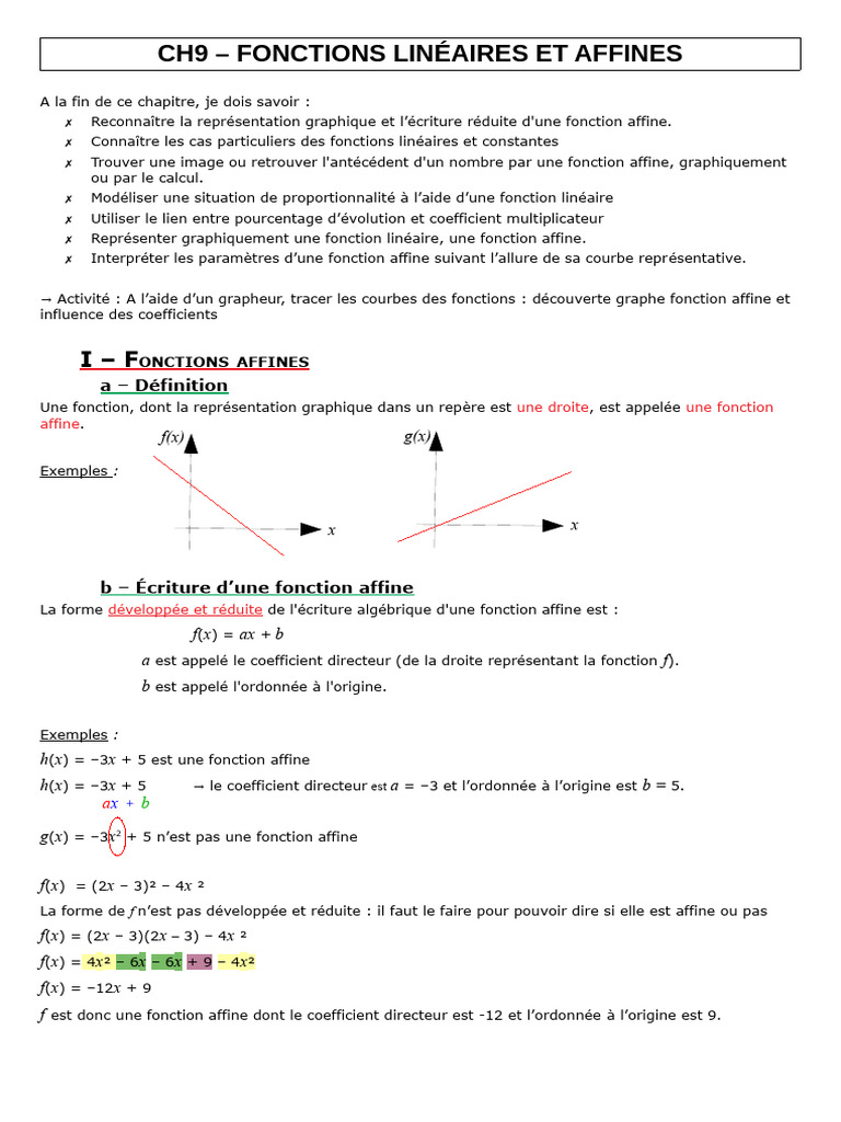 Ch9 - Fonctions Linéaires Et Affines | PDF