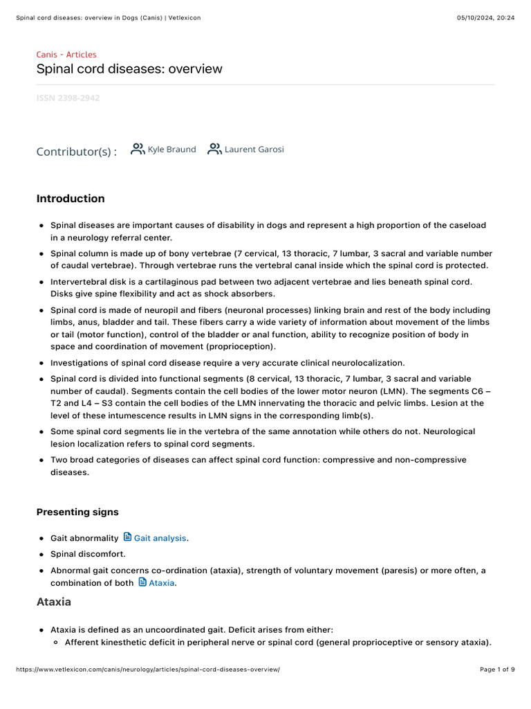 Spinal Cord Diseases Overview in Dogs (Canis) Vetlexicon | PDF