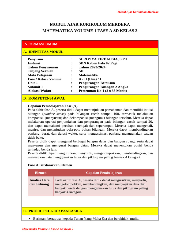 Modul Ajar MTK Kelas 2A - BAB 5 | PDF