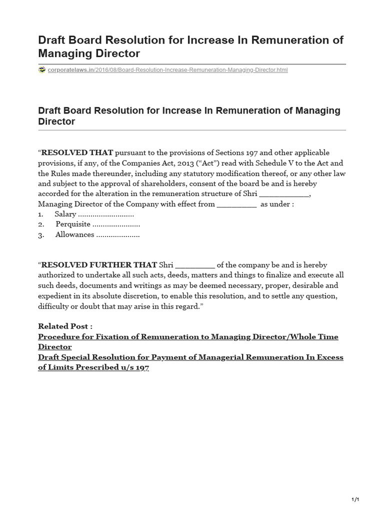 Corporatelaws - In-Draft Board Resolution For Increase in Remuneration ...